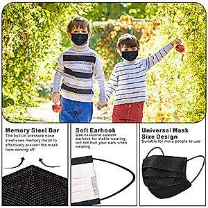 Kid Size Face Mask Black, Disposable Breathable Mask 3ply for Boys Girls Individually Wrapped, Black Children Face Cover Mask with Small Size for School, Soft Comfortable Adjustable Mask for Petite Face - 50 Packs