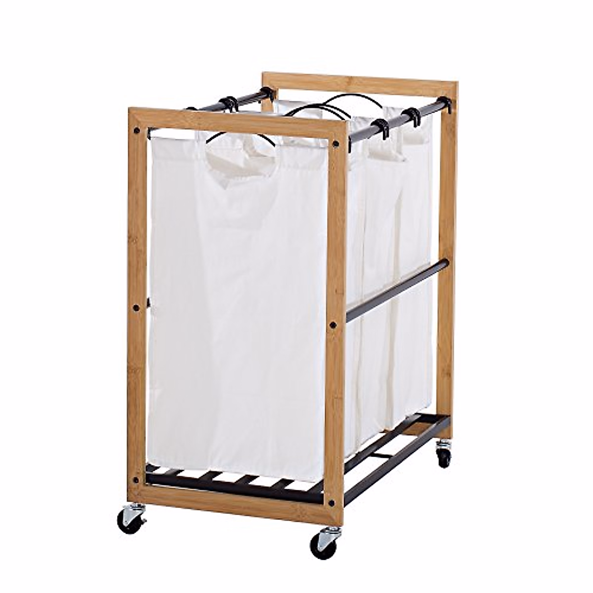 TRINITY 3-Bag Bamboo Laundry Cart, Laundry-Room Organization and Dirty Clothes Hamper with Wheels for Bedroom, Closet, Dorm Room and More, Bronze Poles