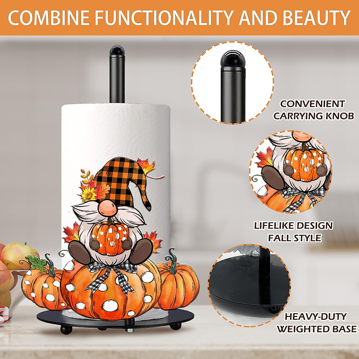 Thanksgiving Paper Towel Holder, Thanksgiving Kitchen Decor, Pumpkins Gnomes Kitchen Decor Accessories Paper Towel Holder Stand, Metal Autumn Decorations - Farmhouse Large Towel Stand for Countertops