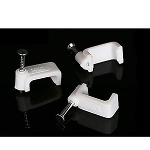 100 PCS 14mm Flat Ethernet Cable Wire Clips Single Coaxial Cable Clamps with Nail Flat Cable Wire Clips for Ethernet Cable Management