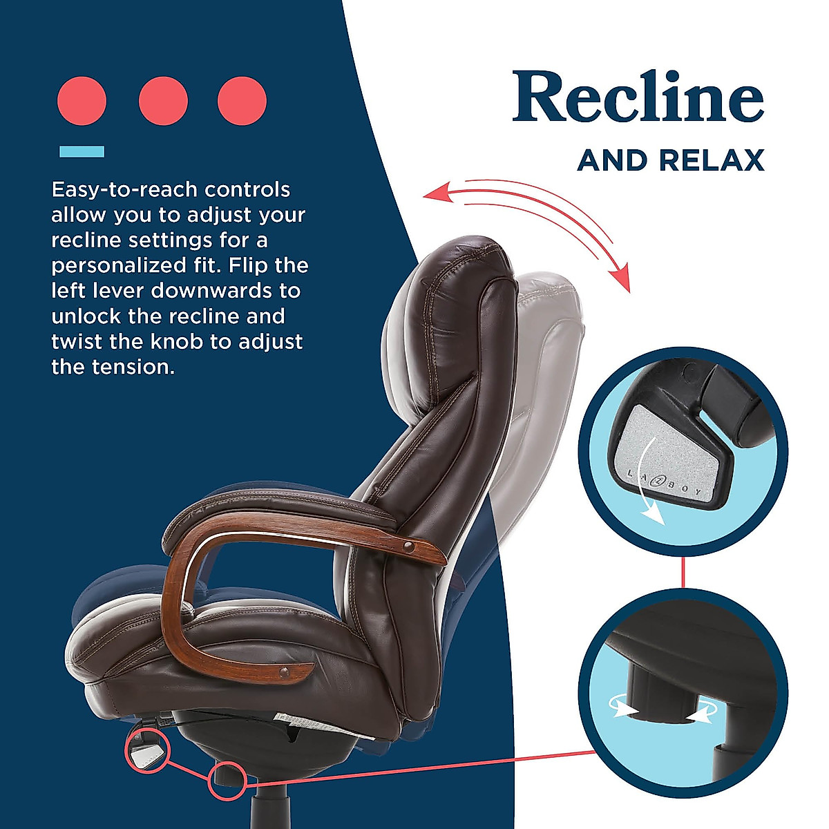 La-Z-Boy Fairmont Big and Tall Executive Office Chair with Memory Foam Cushions, High-Back with Solid Wood Arms and Base, Bonded Leather, Big & Tall, Biscuit Brown