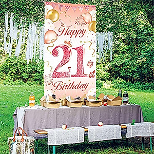DPKOW Rose Gold 21st Birthday Party Decoration for Woman, Rose Gold 21st Birthday Banner for Backdrop Door Decoration,21st Birthday Background Banner for Garden Wall Decoration, 185 x 90cm Fabric
