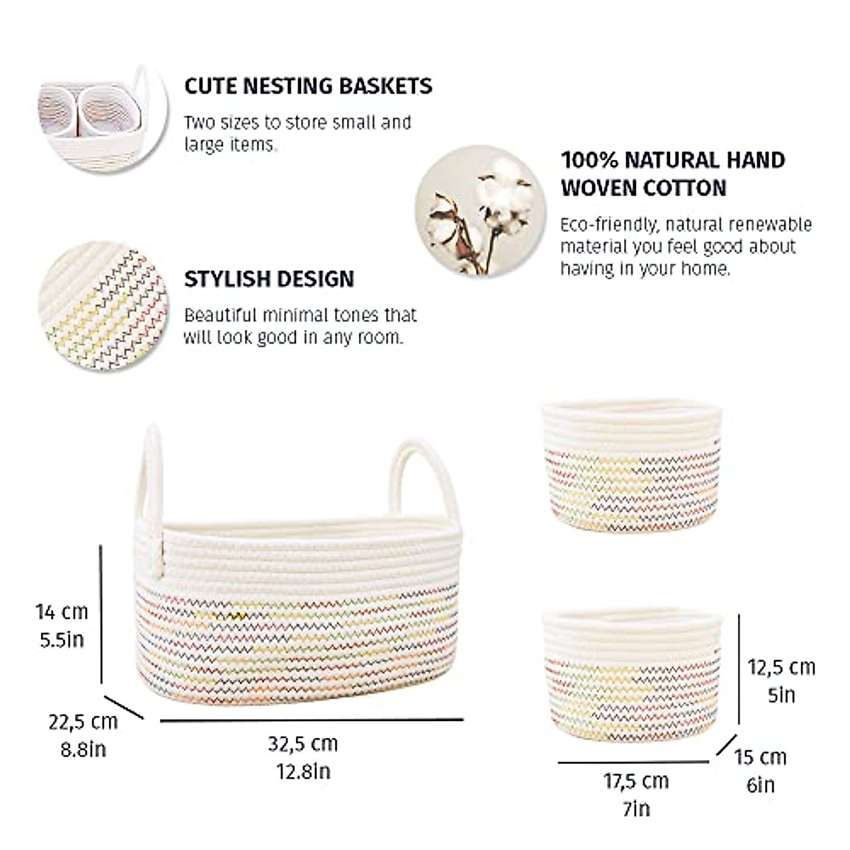 OrganiHaus Set of 3 Rainbow Nursery Storage Baskets for Shelves, Baby Changing Basket, Small Woven Baskets for Storage, Cotton Rope Basket for Toys, Basket with Handles, Round Towel Basket Bins