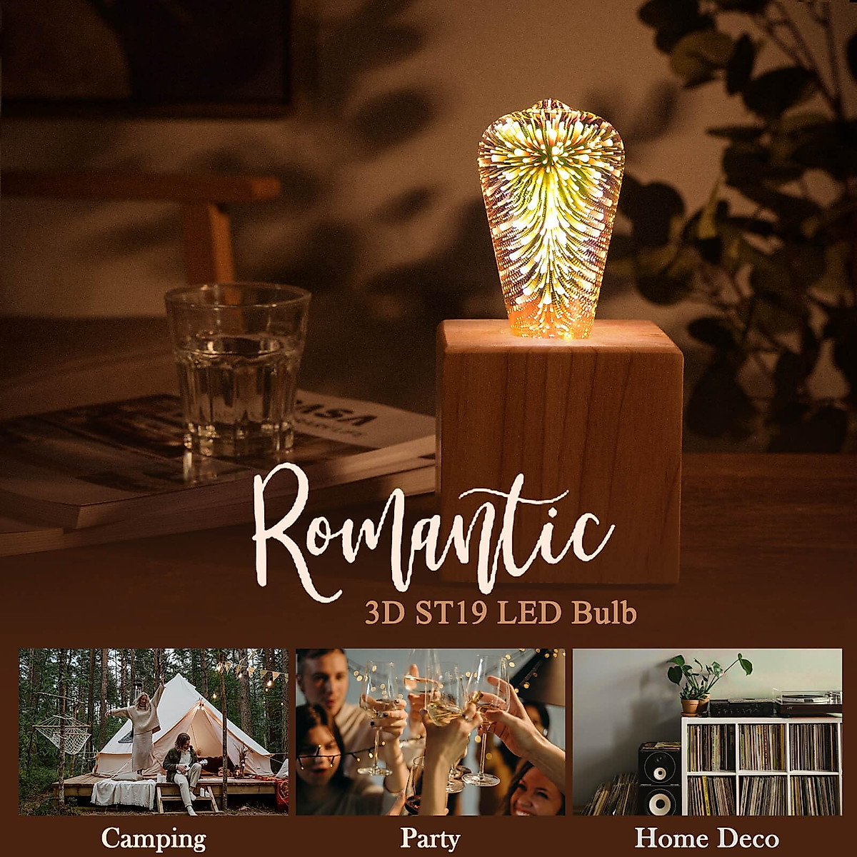 Porseme 3D Fireworks Decorative Light Bulb, E26 Base, 4W, AC100-240V, Glass Bulbs with Soft Warm Light, Shiny Decor for Home, Bedroom, Party (Included 3-Pack ST19 Bulbs)