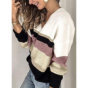 Elapsy Womens Winter Casual Knit Pullover Sweater for Juniors Loose Long Sleeve V Neck Color Block Striped Slouchy Warm Jumper Sweater Brown S