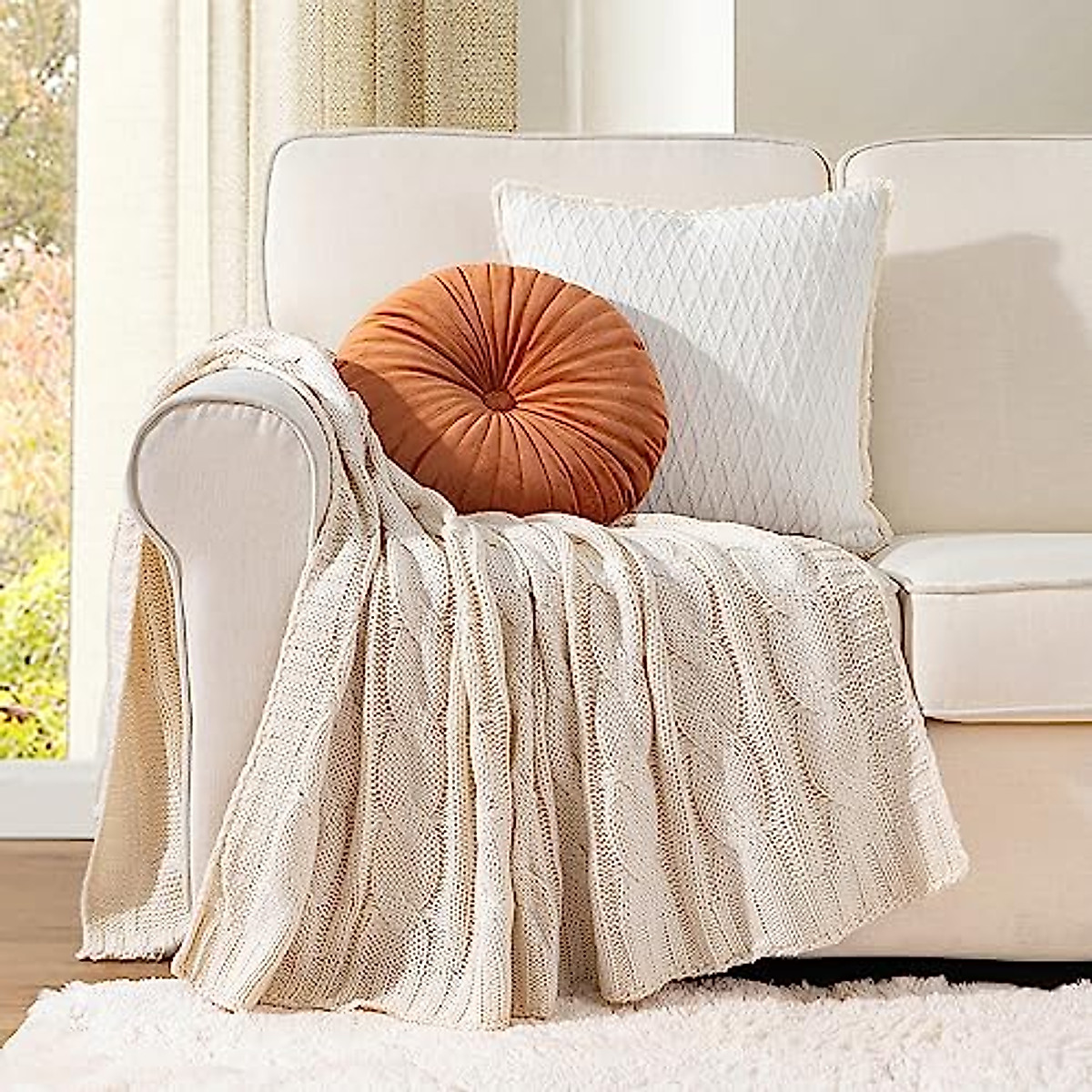 Battilo Cream Ivory Cable Knit Throw Blankets for Couch, Super Soft Warm Cozy Decorative Knitted Throw Blanket for Bed, Sofa, Chair 50"x60"