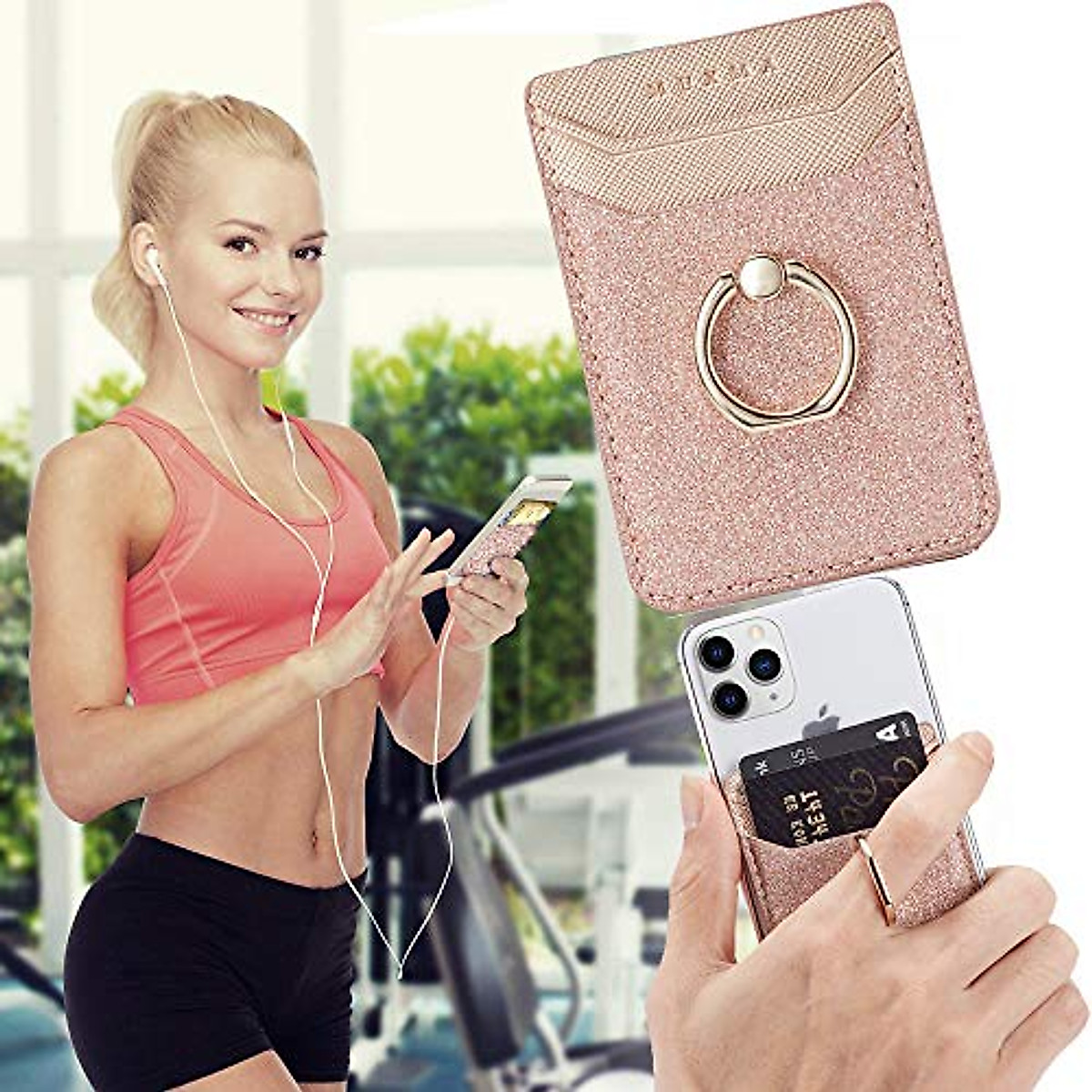 BIAJIYA Phone Card Holder RFID Wallet Credit Adhesive Cell Case Stick-on Card Holder for Back of Phone for Most of Smartphones Rosegold+Gold