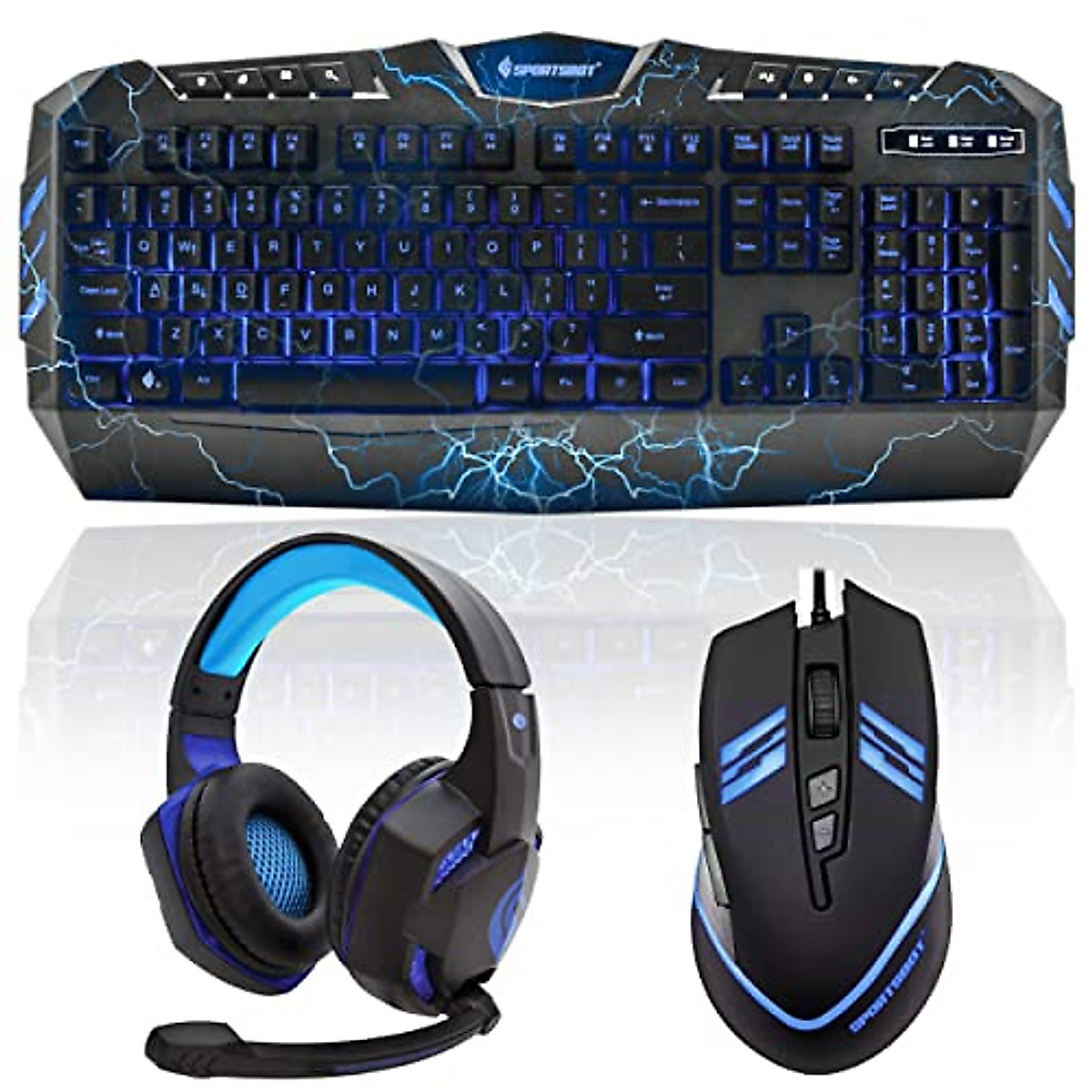 SportsBot SS301 Blue LED Gaming Over-Ear Headset Headphone, Keyboard ...