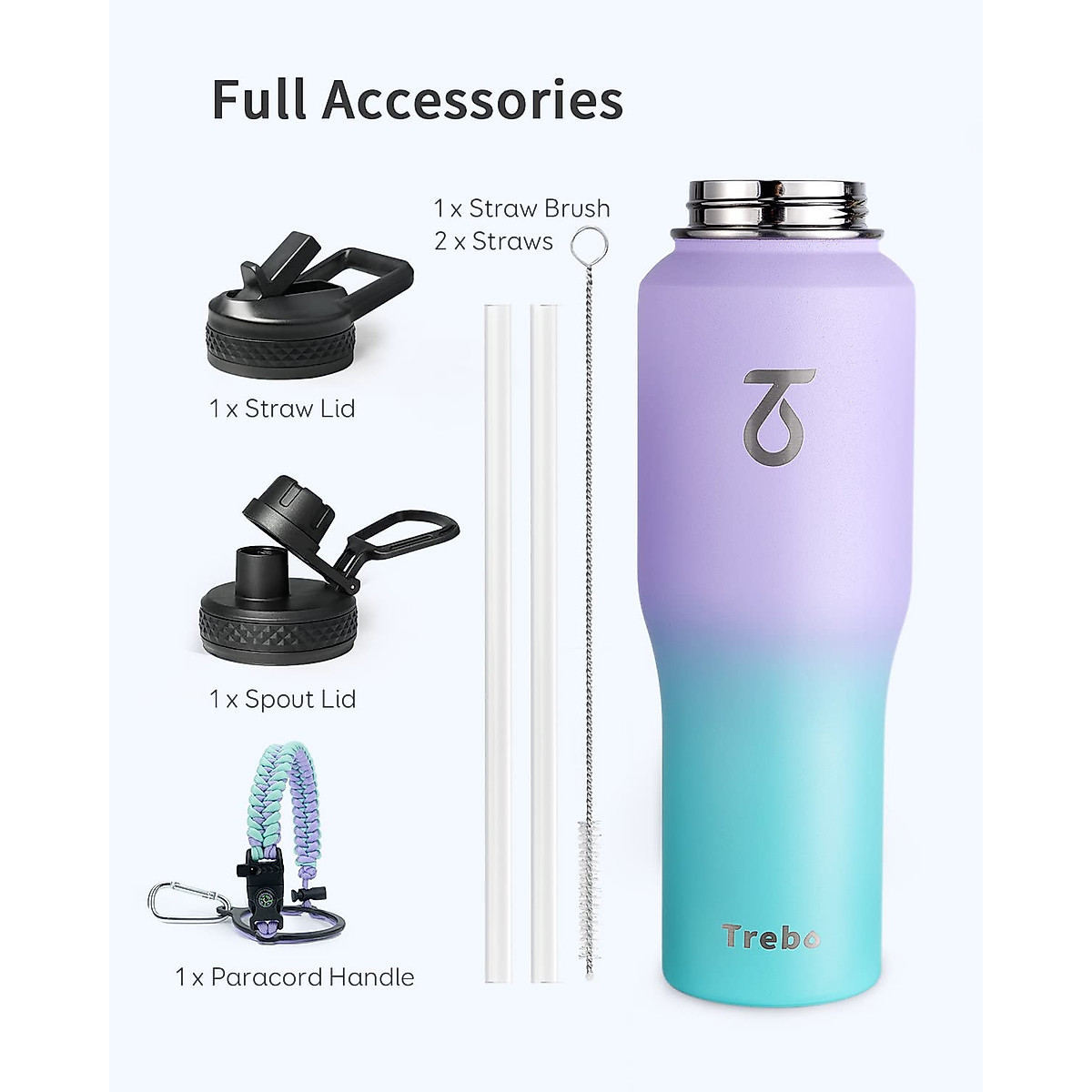 Trebo 32oz Insulated Water Bottle that Fits in Cup Holder, Stainless Steel Double Wall Tumbler Bottles with Paracord Handle, Flask with Straw Spout Lids, Keep Cold for 48 Hrs/Hot 24 Hrs,Cotton Candy