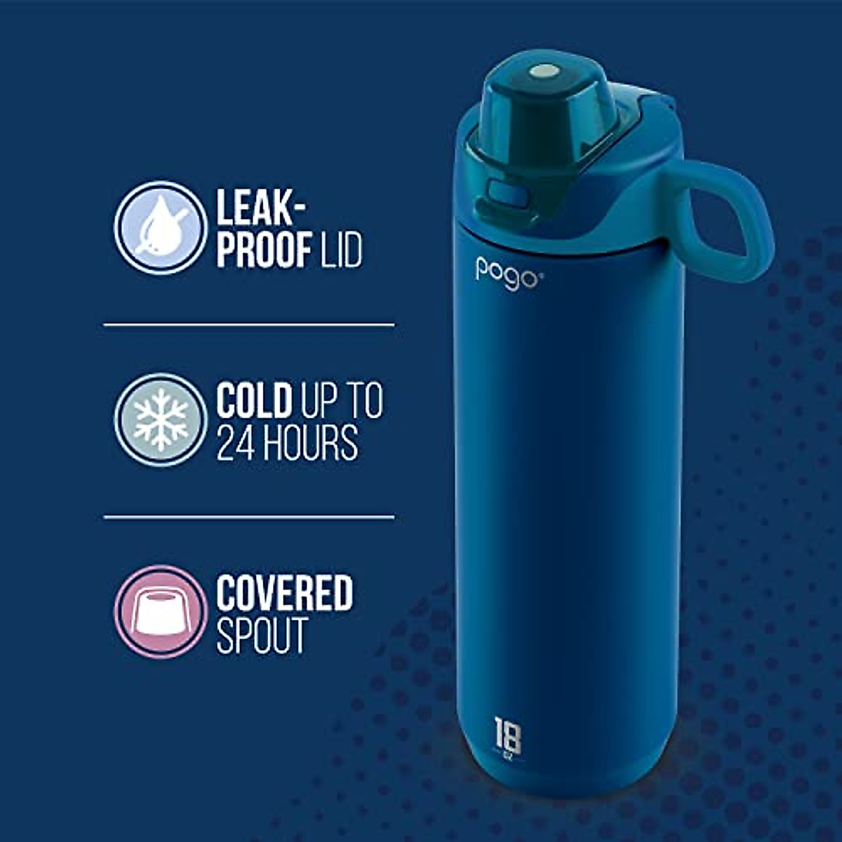 Pogo Active Vacuum Insulated Stainless Steel Water Bottle with Leak Proof Chug Lid and Silicone Carry Loop, Powdercoat, Poseidon, 18 oz