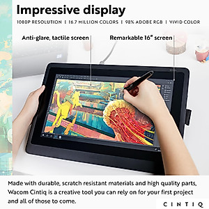 Wacom Cintiq 16 Drawing Tablet with Full HD 15.4-Inch Display Screen, 8192 Pressure Sensitive Pro Pen 2 Tilt Recognition, Compatible with Mac OS Windows and All Pens, Black