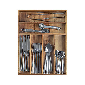 KITEISCAT Acacia Wood Silverware Organizer, Kitchen Utensil Drawer Organizer for Forks, Knives & Spoons, 6-Compartment Cutlery Tray, Flatware Holder