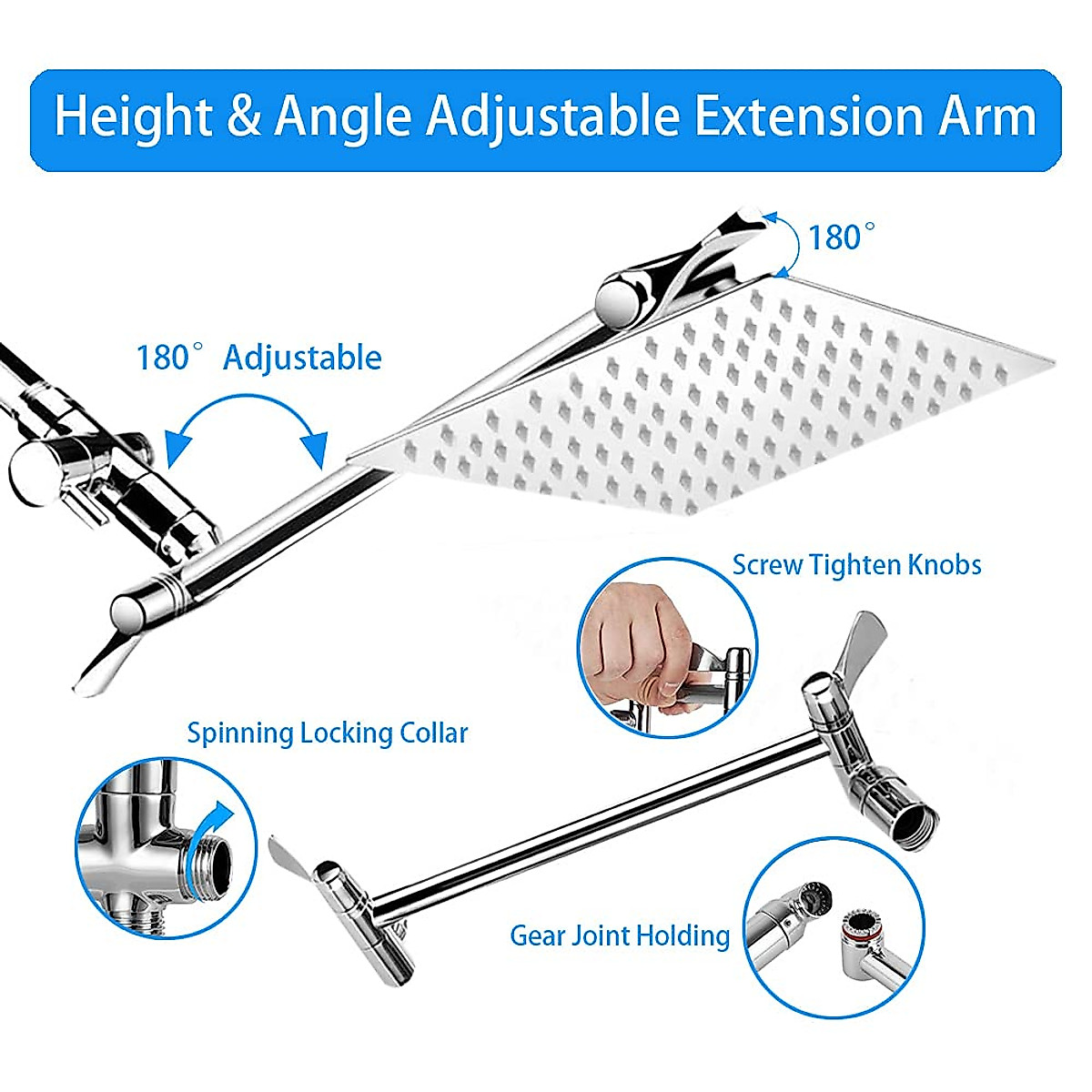 Shower Head, 8'' High Pressure Rainfall Shower Head / Handheld Showerhead Combo with 11'' Extension Arm, CUMIZON 6 Spray Settings Handheld Showerhead with Holder/ Hose, Flow Regulator, Chrome