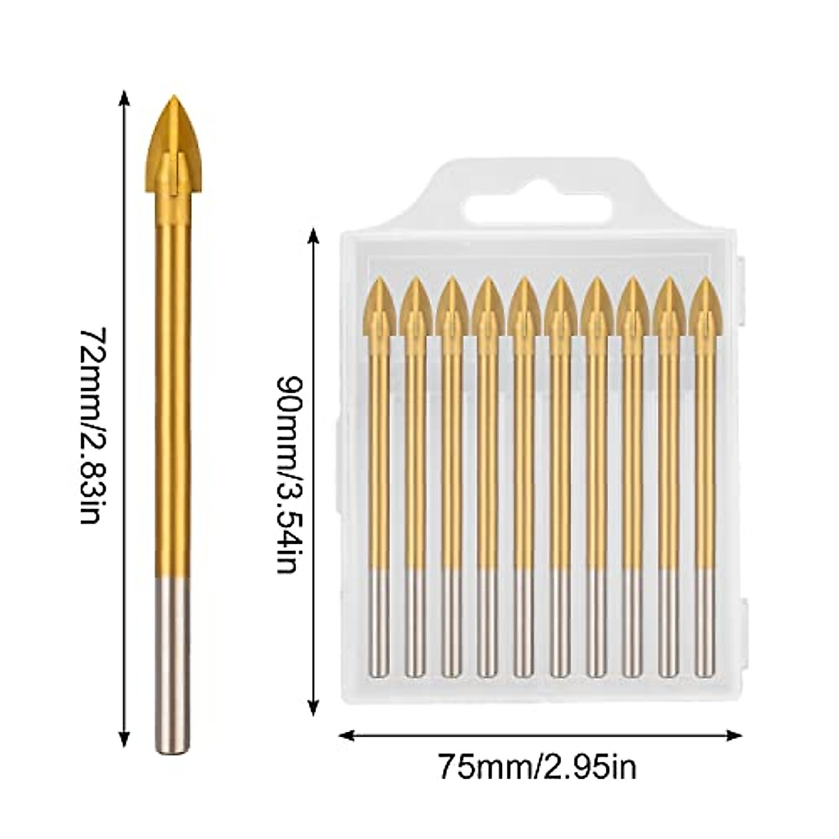 10-Piece Masonry Drill Bits Kit, Titanium Coated Glass Carbide Drill Bits Set for Concrete, Stone, Cutting Edges Cross Spear Head Drill for Glass, Brick, Tile, Plastic, Ceramic and Wood