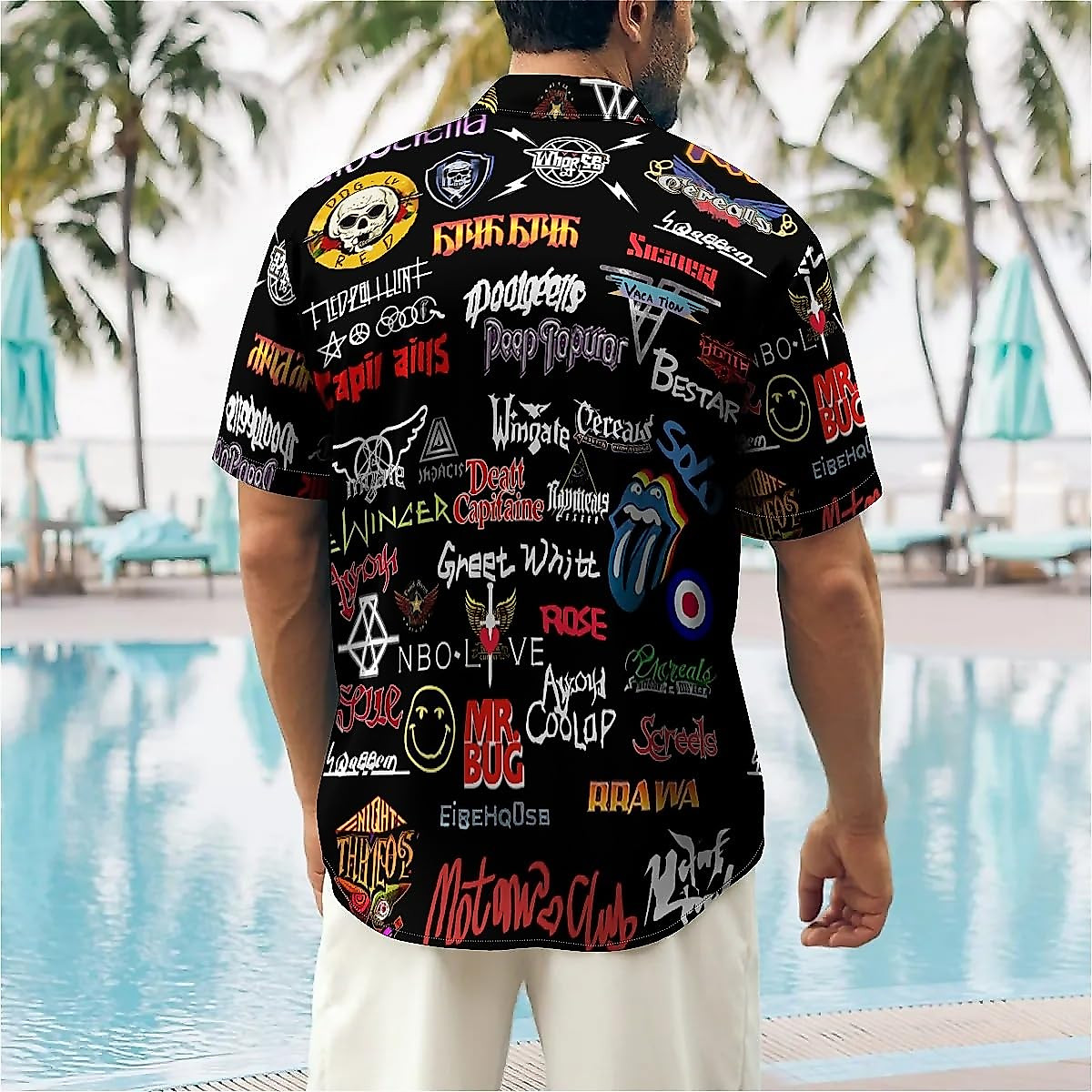 Bhlounplo Button Down Shirt Men Rock and Roll Punk Print Pocket Lapel Hawaiian Casual Loose Short Sleeve Shirt-Black-2-XXXL