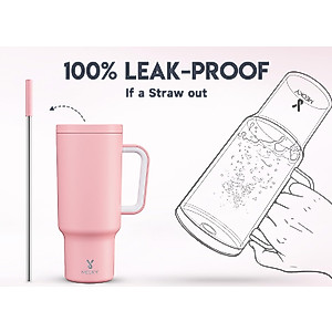 Meoky 40 oz Tumbler with Handle and Straw, Tumbler with Lid and Straw, Insulated Stainless Steel Travel Mug, 100% Leak-proof, Keeps Cold for 34 Hours or Hot for 10 Hours (Blush)