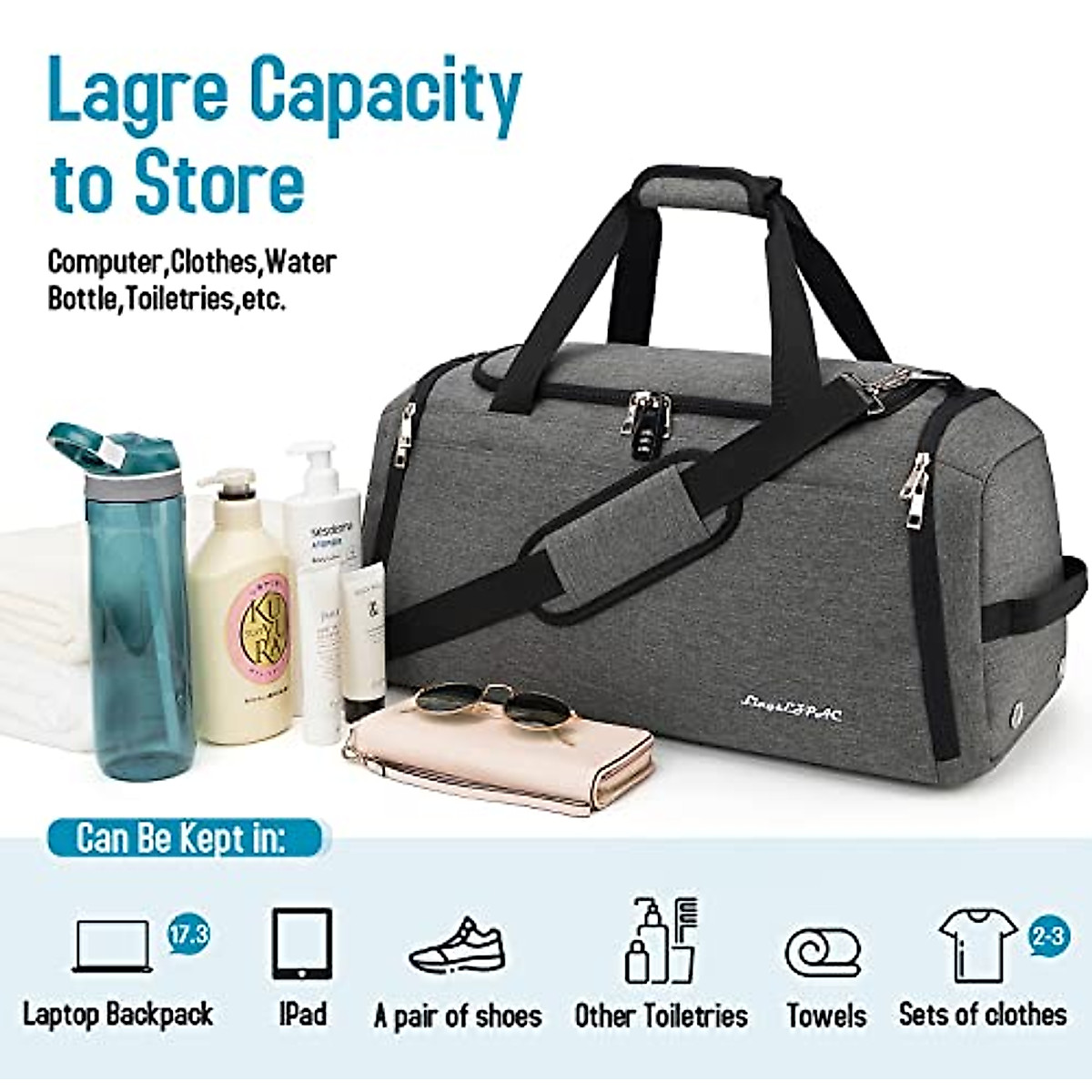 Gym Bag for Women & Men, Travel Duffel Bag for Sports, Gyms and Weekend Getaway, Waterproof Dufflebag with Wet Pocket & Shoes Compartment, Lightweight Carryon Gymbag