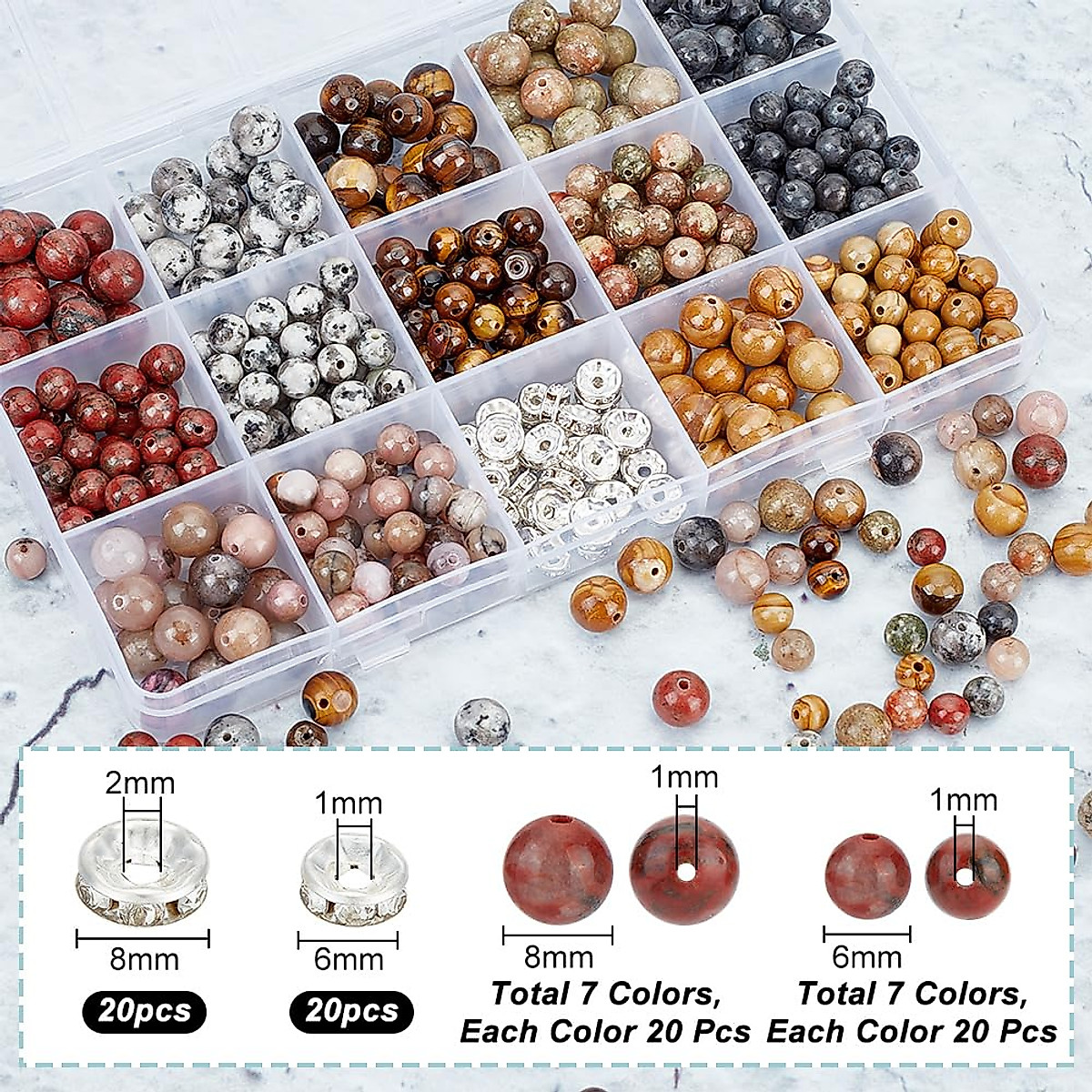 NBEADS About 460 Pcs Natural Stone Beads Kit, 6mm 8mm Natural Gemstone Beads Loose Round Stone Beads with Rhinestone Spacer Beads for DIY Bracelet Necklaces Jewelry Making