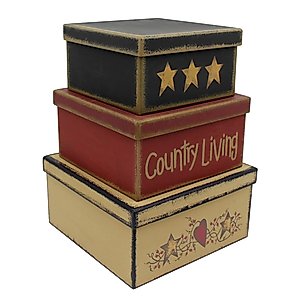 CVHOMEDECO. Farmhouse Square “Country Living” Cardboard Nesting Boxes for Photos Memories Keepsakes, Large 9 X 9 X 4-1/2 Inch. Set of 3.