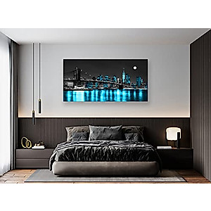 Aibonnly Wall Art Canvas Painting Black White and Blue New York Brooklyn Bridge 1 Piece Cityscape Night Building Skyline Picture Poster Print Framed for Living Room Bedroom Kitchen Office Home Decor