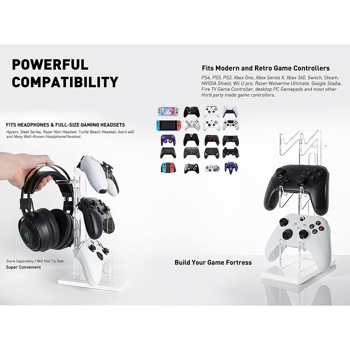 OAPRIRE Universal 3 Tier Controller Holder and Headset Stand for PS5 PS4 XBOX ONE SWITCH STEAM, Controller Stand Gaming Accessories, Build Your Game Fortresses (White)