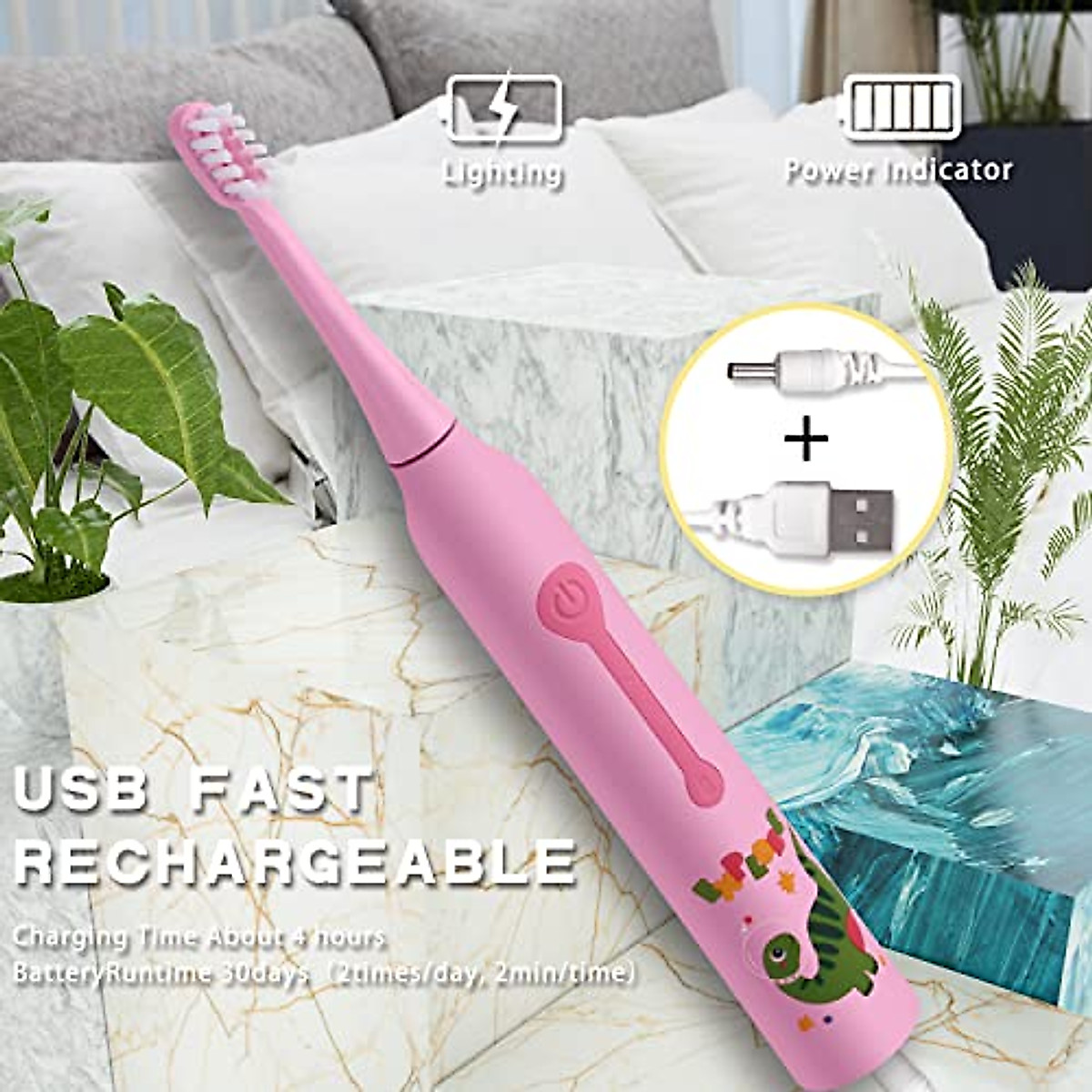 7AM2M Kids Electric Toothbrushes with 4 Brush Heads, 3 Modes with Memory, IPX7 Waterproof, 2 Minutes Build-in Smart Timer, Baby Kids Toothbrushes Suitable Age 3+ (Pink)