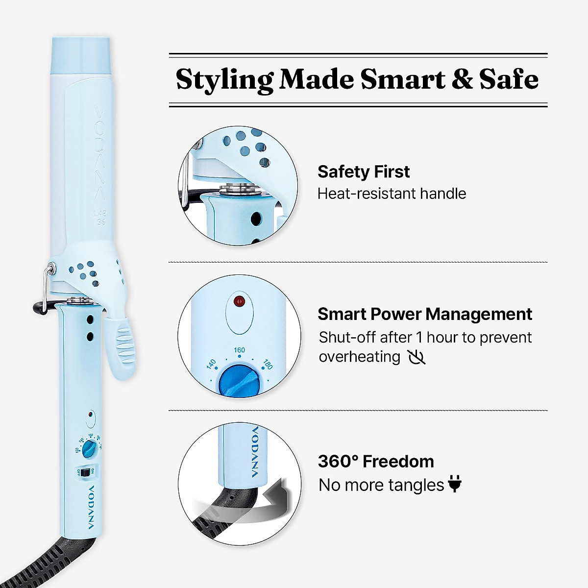 VODANA Professional GlamWave Ceramic Curling Iron, Long-Lasting Natural Curls, Instant Heat, Hair Curler, Curling Wand, Available in USA (1.4 inch, Creamy Blue)