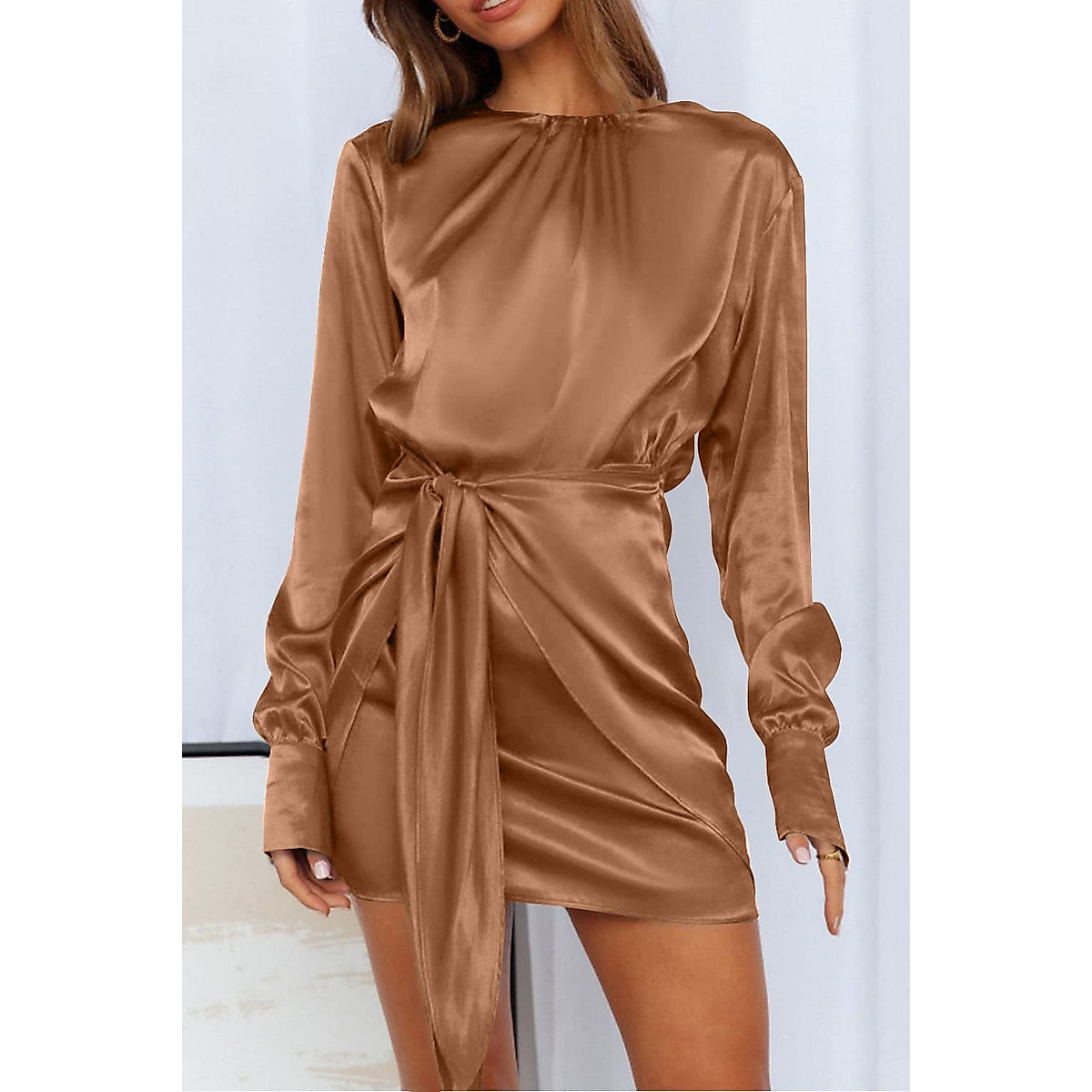 PRETTYGARDEN Women's Spring Satin Dress Long Sleeve Tie Waist Elegant Cocktail Party Mini Fall Dresses(Khaki,Small)
