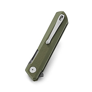 BESTECHMAN Dundee Pocket Folder Folding Knife: 3.35" D2 Steel Grey titanized Satin Blade, G10 Scales, Flipper, Liner Lock, EDC Reversible Deep Clip, BMK01E (OD Green Handle)