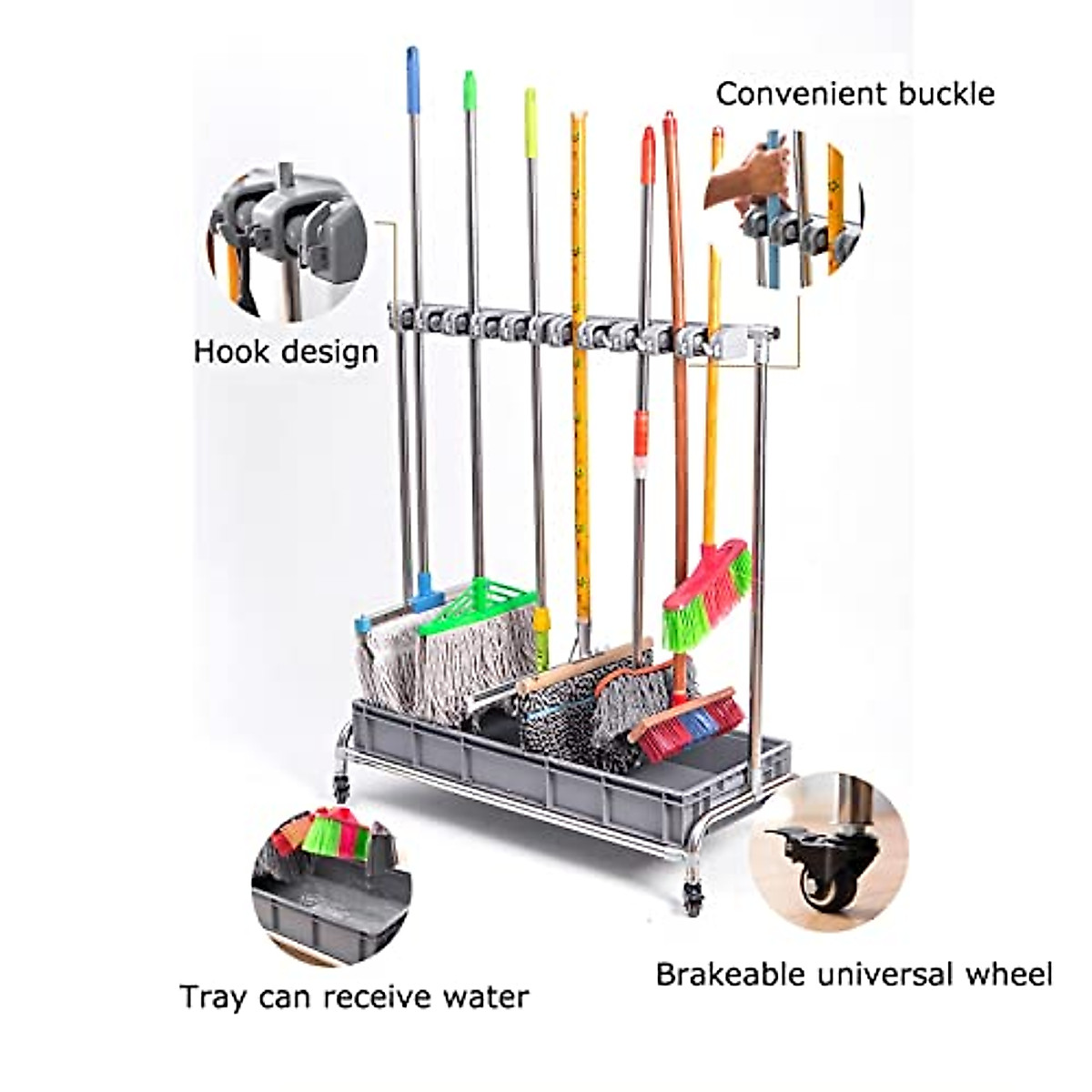 WXZX Broom Holder Organizer,Broom And Mop Put Wet Mops Movable Floor-Mounted Rack Floor Standing Cleaning Tool Cart Storage,5 Racks 6 Hooks,For Garden Garage Schools,Hospitals,Factories,Hotels