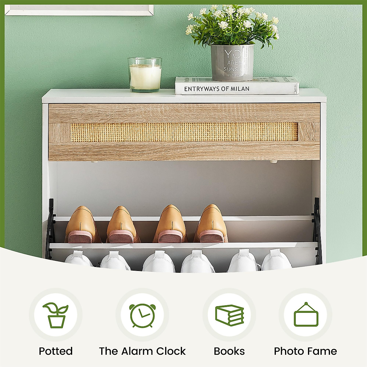 GAOMON Rattan Shoe Storage Cabinet with 2 Flip Door and 1 Drawer, Freestanding Shoe Organizer Rack for Entryway, Hidden Shoe Cabinet with 3-Tier Adjustable Shelves for Hallway Living Room (White)