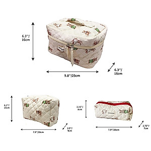 BILIPOPX 3 Pack Kawaii Cute Makeup Bag Bear Aesthetic Travel Quilted Cotton Cosmetic Bag Organizer Toiletry Pouch for Women Teen Girls (Bear Rabbit)