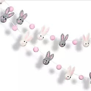 Bunny Felt Garland Wool Rabbit Pom Pom Banner Handmade Bunny Ball Garland for Holiday Wall Decoration