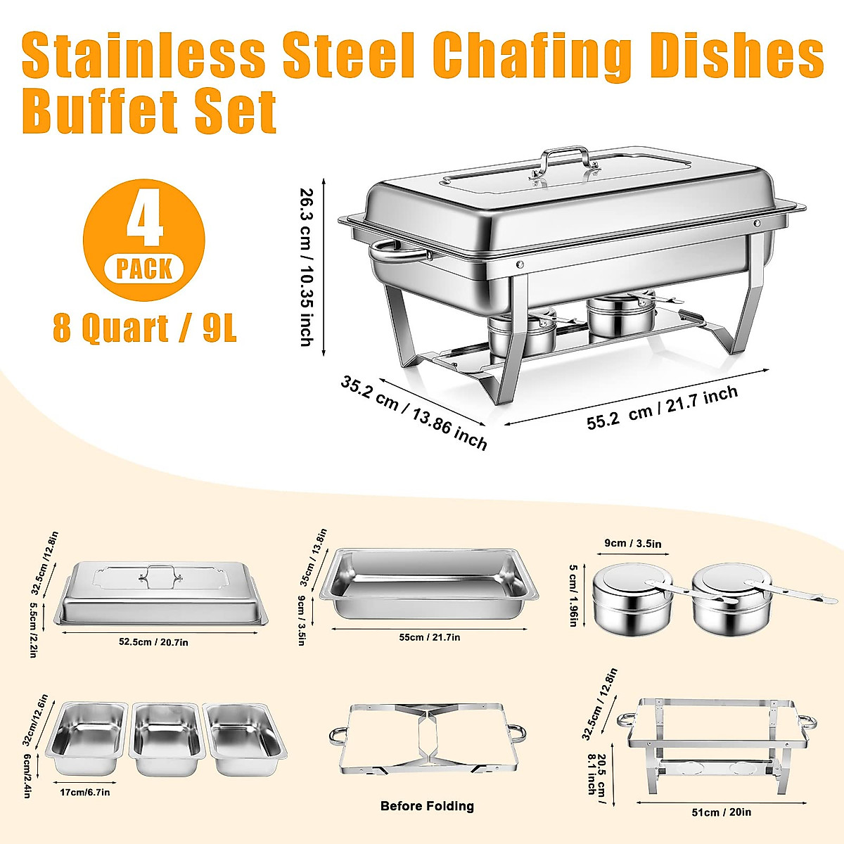 4 Pack Stainless Steel Chafing Dish Buffet Set 8 QT Chafer Dish with 3 1/3 Size Chafing Food Pans Rectangular Catering Warmer Set with Water Pan for Buffet Wedding Parties Banquets Catering Events