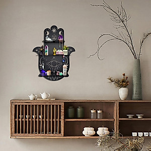 Hamsa Hand Crystal Display Shelf Metal Hamsa Wall Decor Floating Shelf Crystal Holder Spiritual Room Decor Shelf Evil Eye Decor Spiritual Decor Shelf for Stones Essential Oil Witch Decor Shelf