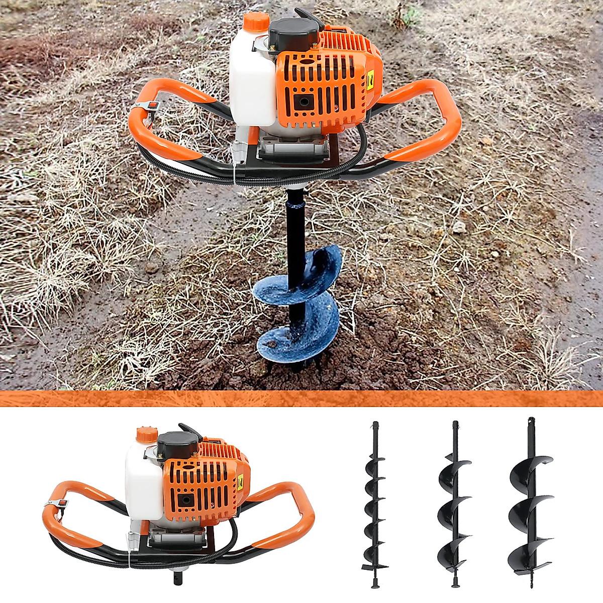 52cc Post Earth Auger Hole Digger Posthole Fence Borer Petrol Drill 8 Post Hole Digger Gas Powered Fence Ground Drill+4"/6"/8" Bit