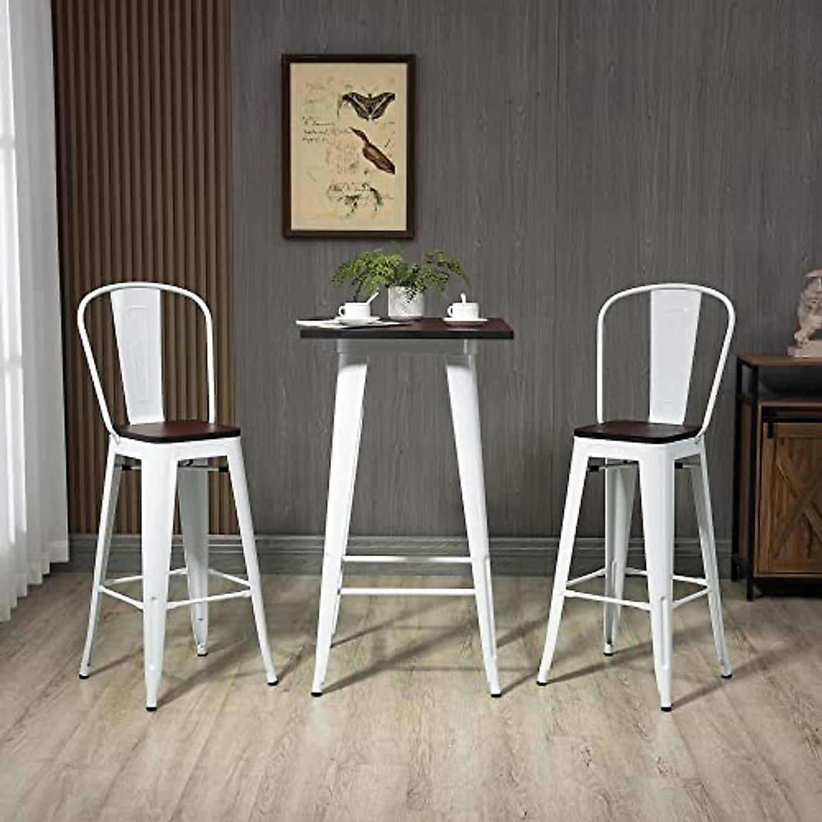 HOMCOM 3 Piece Industrial Dining Table Set, Counter Height Bar Table & Chairs Set with Footrests for Bistro, Pub, White and Brown