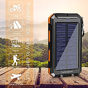 Solar Charger, Durecopow 20000mAh Portable Outdoor Waterproof Solar Power Bank, Camping External Backup Battery Pack Dual 5V USB Ports Output, 2 Led Light Flashlight with Compass (Orange)