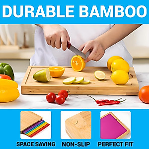 Hampton Homeware Large Bamboo Wood Cutting Board Set with 6 Color-Coded Flexible Cutting Mats with Food Icons to Prevent Cross-Contamination - Ultimate Culinary Chopping Board Set