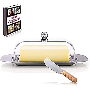ALL GREEN Butter Dish with Lid and Knife Stainless Steel Metal Saucer with Unbreakable Clear Plastic Lid Covered Butter Dish Deluxe Butter Keeper Container & Spreading Knife(Clear+Salt+Pepper)