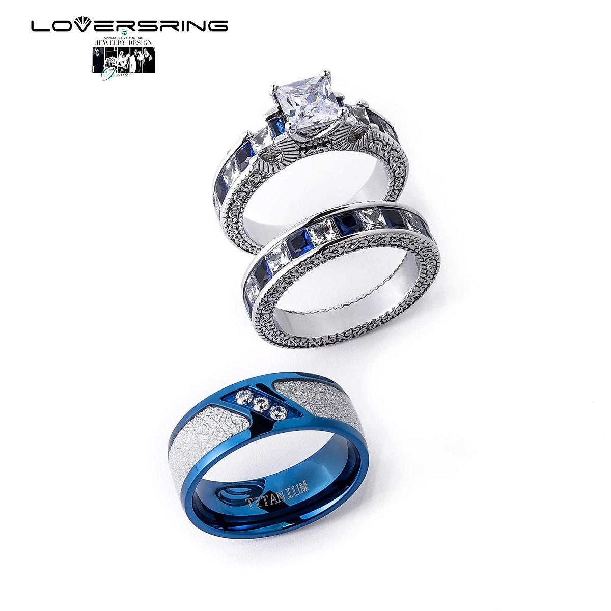 LOVERSRING 3pc Couple Ring Bridal Sets Women White Gold Plated Blue Sapphire Cz Man Titanium Band Wedding Ring for Him and Her