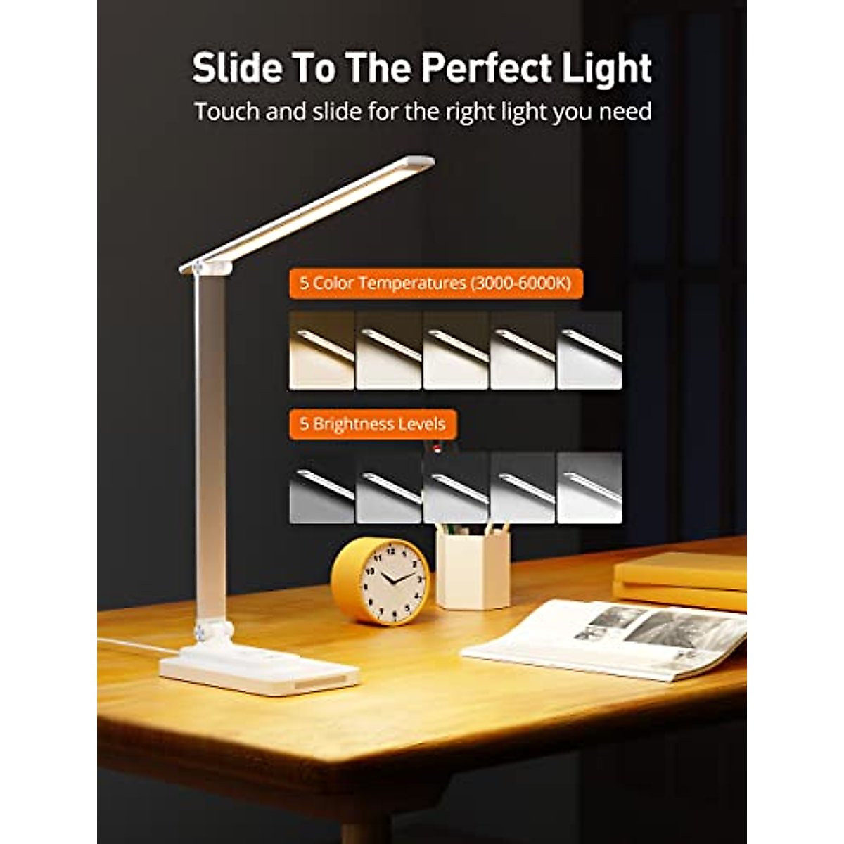 sympa LED Desk Lamp with Wireless Charger, Night Light, Dimmable Table Lamp with USB Charging Port, 5 Brightness & 5 Lighting Modes, 60 min Timer, Memory Function for Home Nail Office Reading