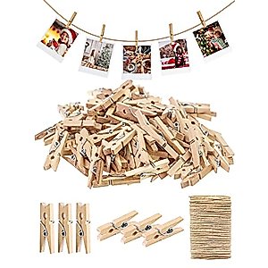 Sturdy Mini Clothes Pins for Photo, 150 Pcs 1 Inch Natural Wooden Clothespins with 33 FT Jute Twine, Small Clips for Crafts Display, Baby Shower Game, Hanging Decorative Pictures, Cocktail, Weddings