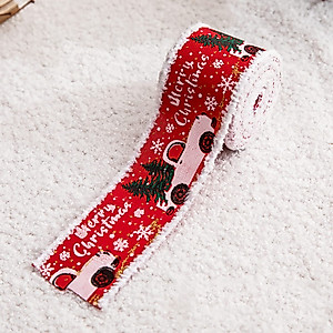 Christmas Ribbon Velvet Wired Edge, 2.5 Inches x 6.5 Yards Merry Christmas Car Snowflake Trees Burlap Ribbon for DIY Wreaths Floral Bow Gift Wrapping Xmas Party Decoration
