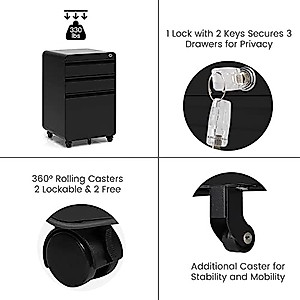 YOLEO 3 Drawer File Cabinet, Metal Filing Cabinets with Lock Wheels & Hanging Rail for A4/Legal/Letter File, Anti-tilt Under Desk Design, Lockable Rolling Mobile File Cabinet for Home Office (Black)