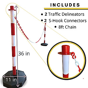 2 Traffic Delineator Poles | Plus Chain Included | Better Than Cones | Perfect Parking Post, Construction Lot, Road Marker or Street Stanchion | Portable & Fillable Base | Large Safety Caution Barrier
