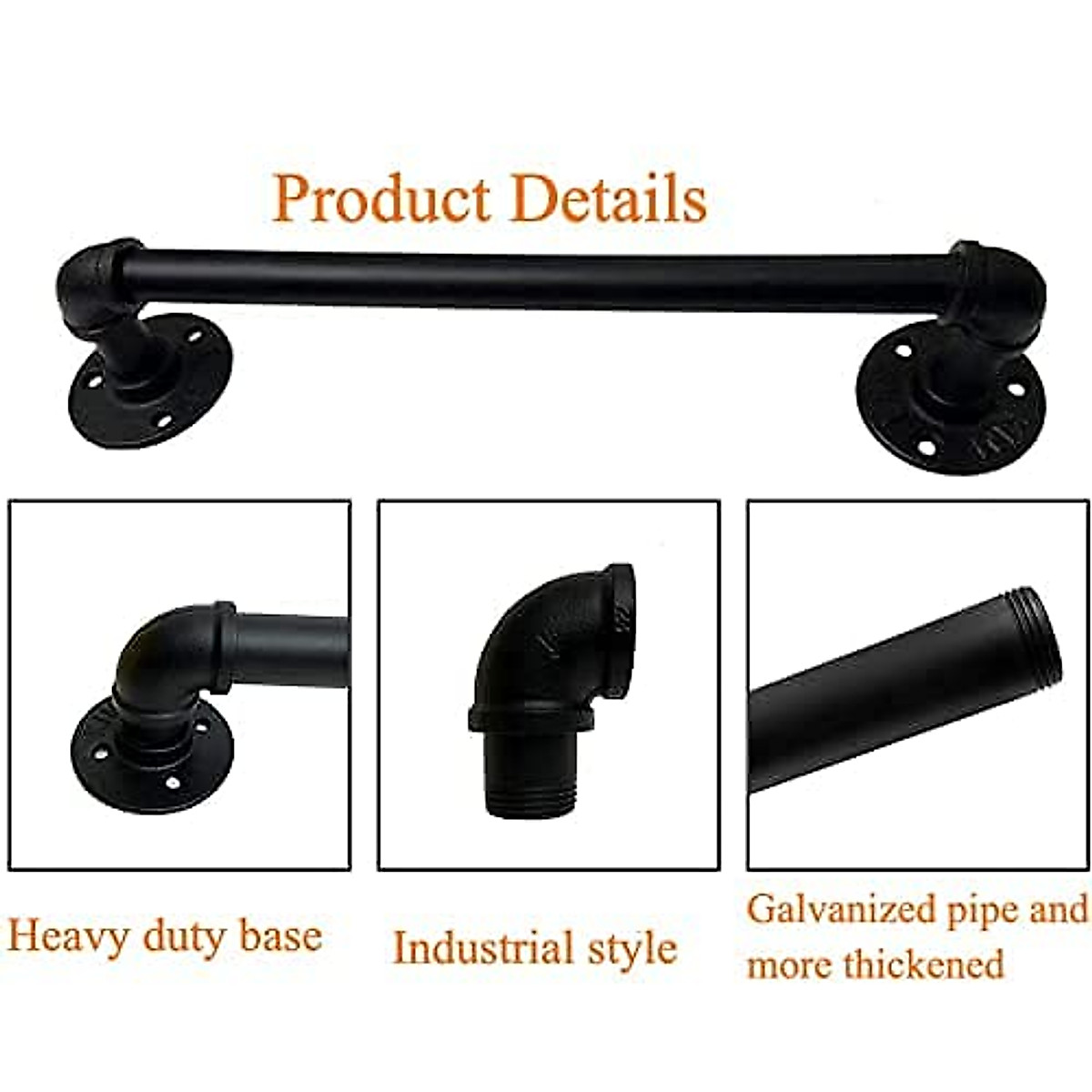 Industrial Steel Pipe Towel Rack Holder,Wall Mounted Heavy Duty Towel Bar, Matte Black Finish Hand Towel Rod for Bathroom(2 Pack) (12inch)