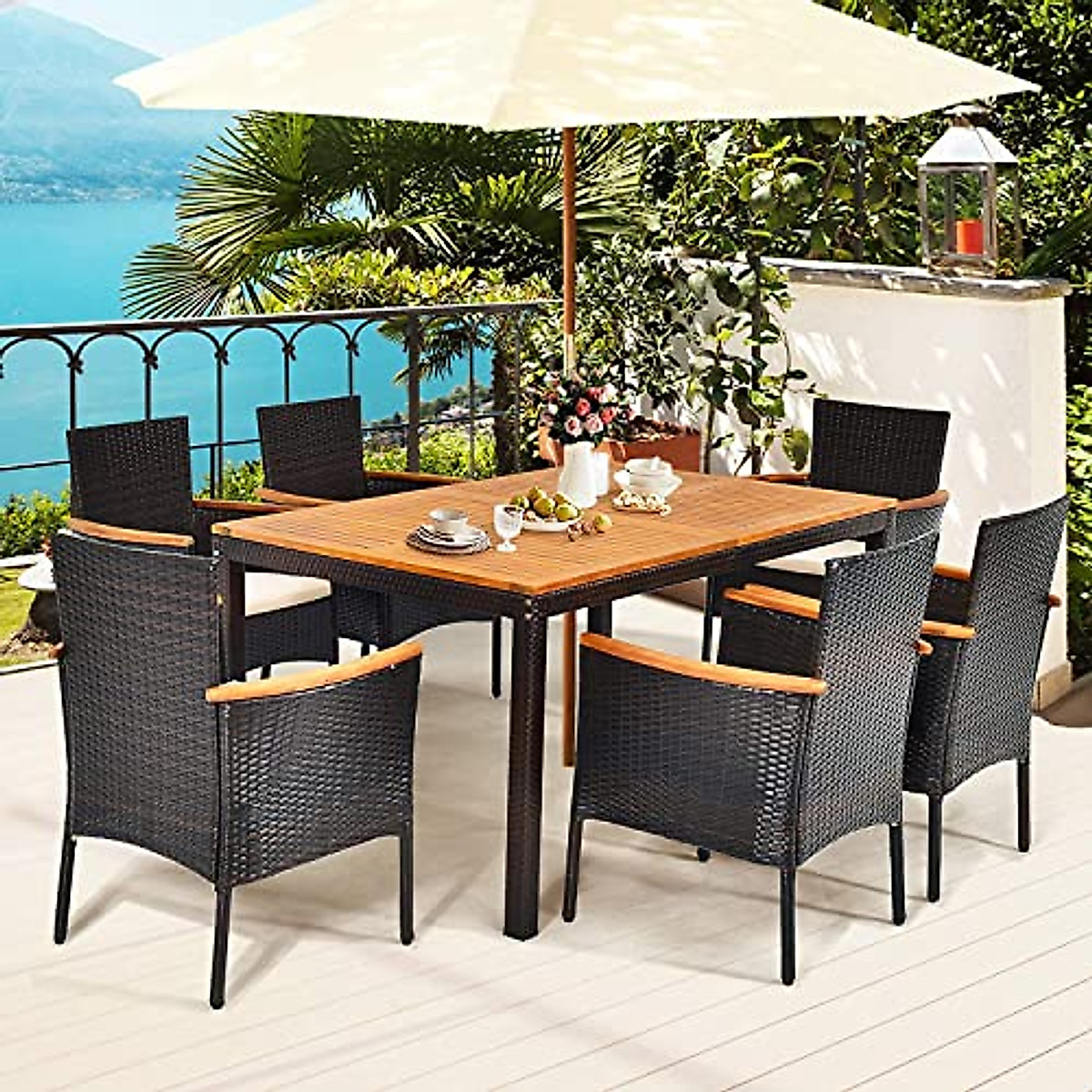 Tangkula 7 Pieces Outdoor Dining Set, Patiojoy Wicker Conversation Set with Umbrella Hole, Stackable Rattan Chairs w/Soft Cushion, Table & Chairs Set with Acacia Wood Tabletop for Garden, Backyard