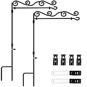 Garden Flag Stand Floral Style, BONWIN Garden Yard Flag Pole Holder Stands, Powder Coated Weather-Proof Paint Metal Flagpole with Spring Stoppers & Anti-Wind Clip for Garden - 36.34"H x 16.02"W, 2 Pack