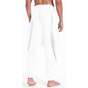 perdontoo Mens Baggy Harem Pants Elastic Waist Hippie Anime Pant Japanese Drop Crotch Trousers (32, White)